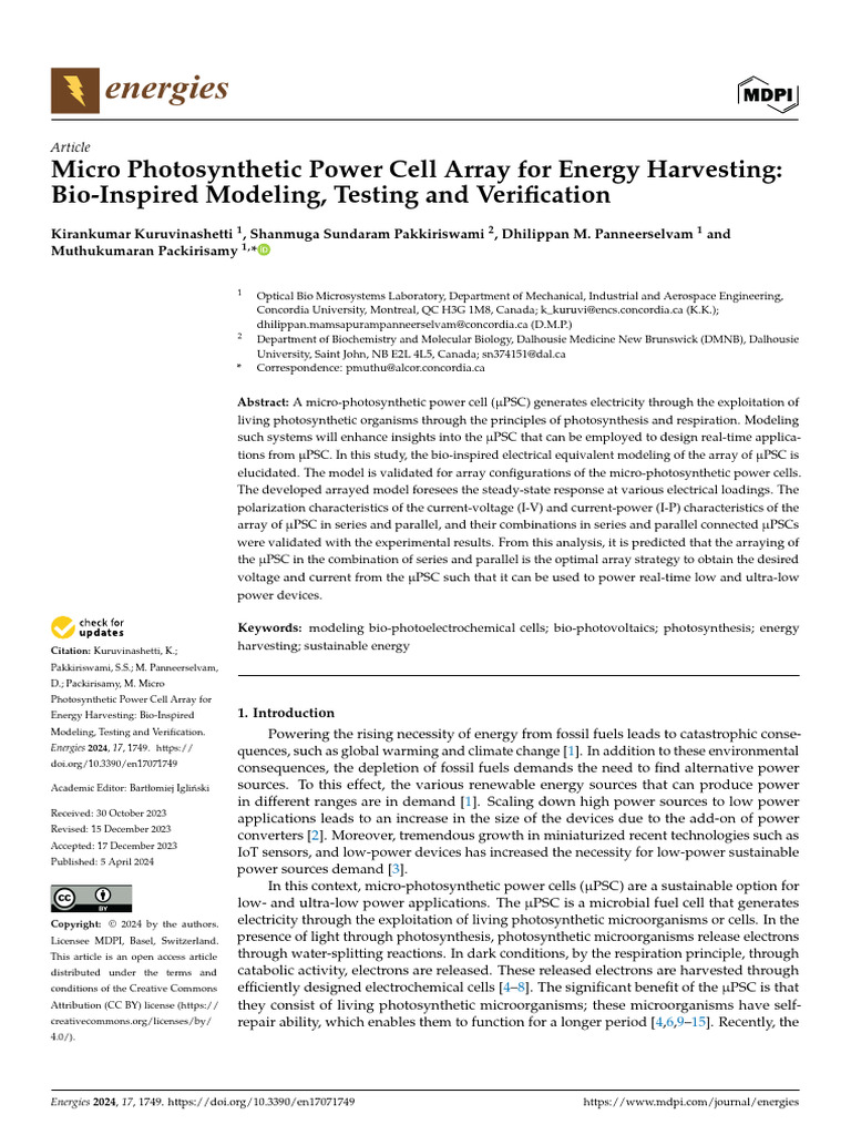 Micro Photosynthetic Power Cell Array for Energy Harvesting | PDF ...