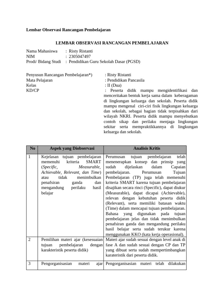 Observasi Rancangan Pembelajaran PGSD | PDF