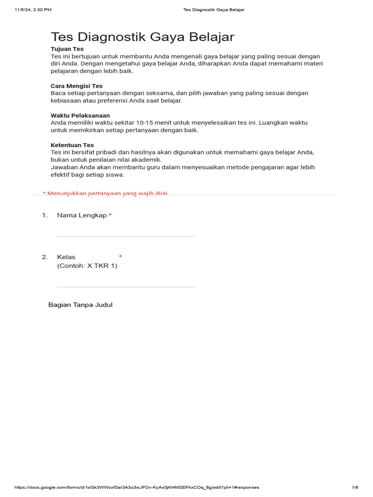 Tes Diagnostik Gaya Belajar - Google Formulir | PDF