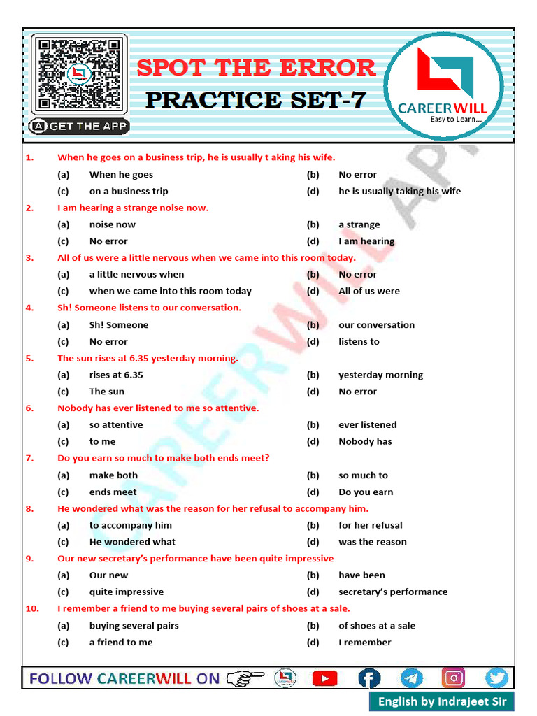SPOT the ERROR (Practice Set -7) Student Copy | PDF