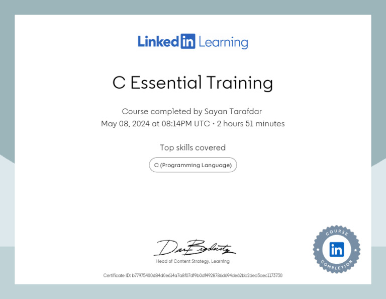 CertificateOfCompletion - C Essential Training | PDF