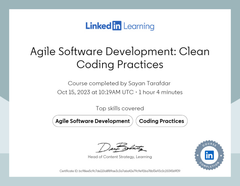 CertificateOfCompletion - Agile Software Development Clean Coding Practices | PDF