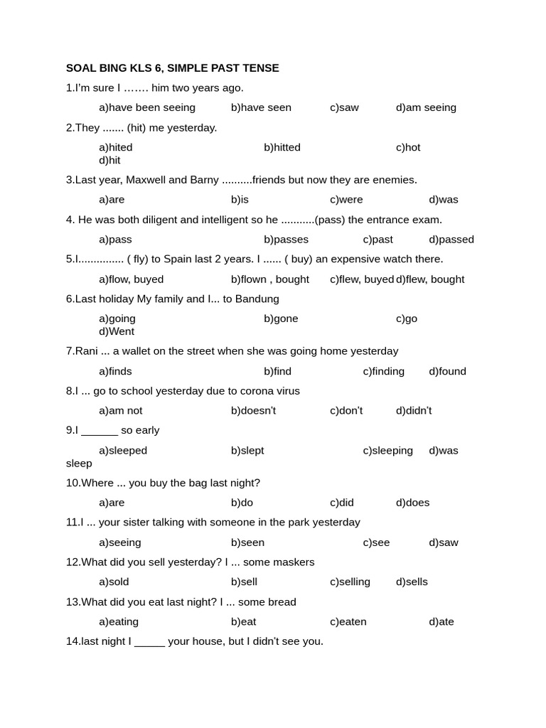Soal Past Tense Kelas 6 | PDF