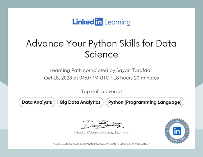 CertificateOfCompletion - Advance Your Python Skills For Data Science | PDF