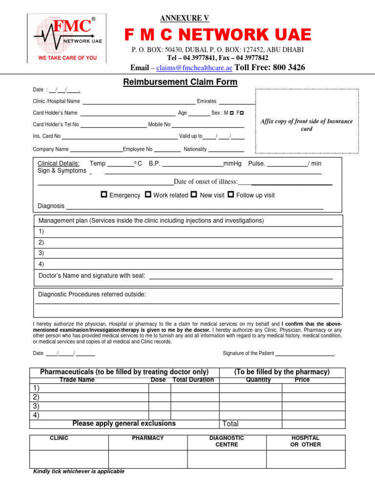 Reimbursement Claim Form FMC | PDF | Medical Diagnosis | Pharmacy