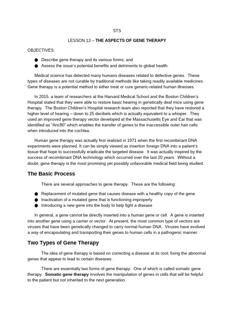STS.-LESSON 13 HANDOUTS | PDF | Stem Cell | Gene Therapy