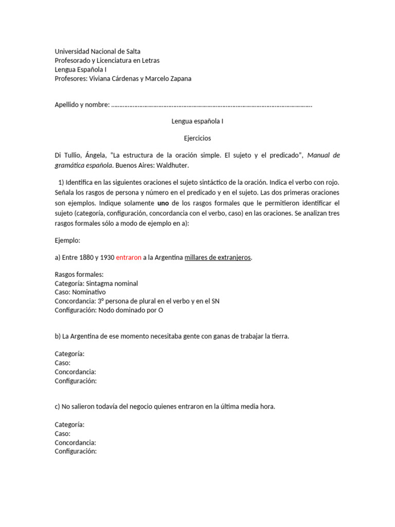La Oración Simple. Estructura Sujeto y Predicado. Ejercicios | PDF ...