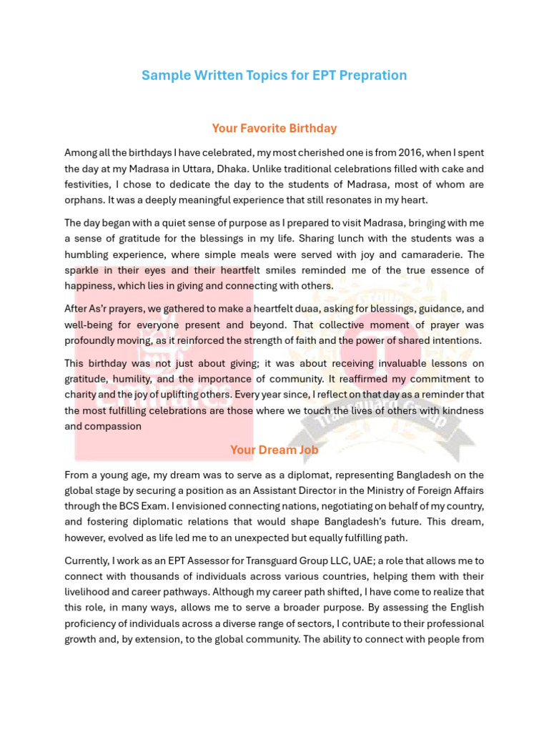 Sample Written Topics For EPT Prep | PDF