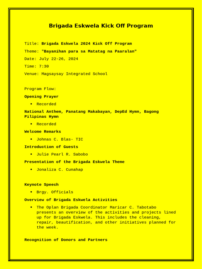 Brigada Eskwela Kick Off Program | PDF