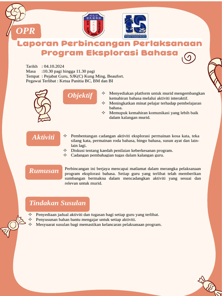 OPR Laporan Perbincangan Perlaksanaan Program Eksplorasi Bahasa | PDF
