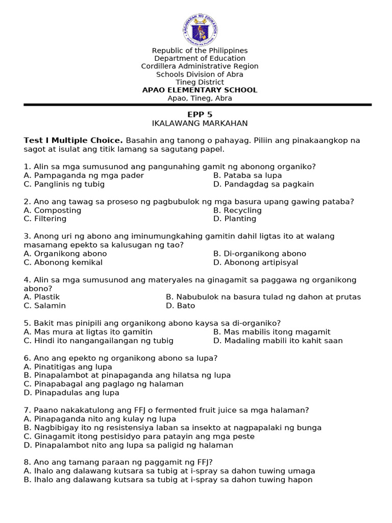 EPP 5 Questions and Answer Key | PDF