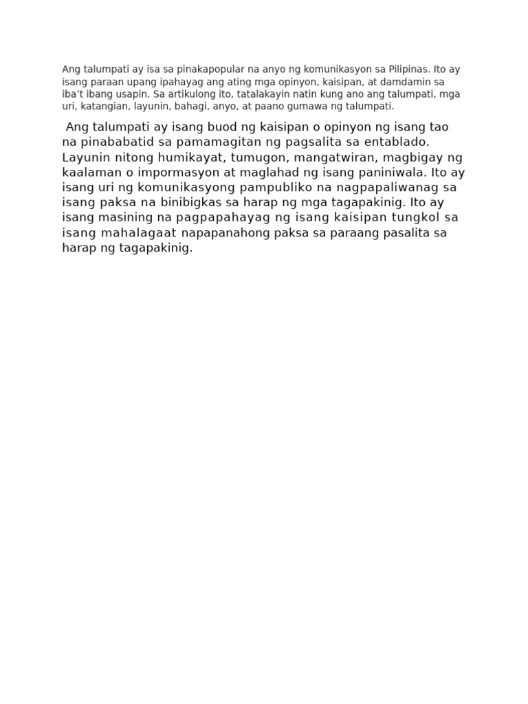 Ang Talumpati Ay Isa Sa Pinakapopular Na Anyo NG Komunikasyon Sa Pilipinas | PDF