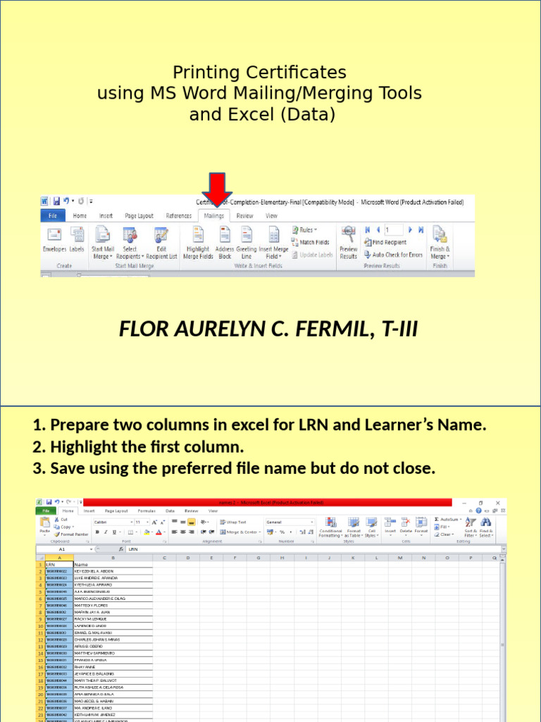 Easy Way of Printing Certificate Using MS Word (Merge Tools) and Excel ...