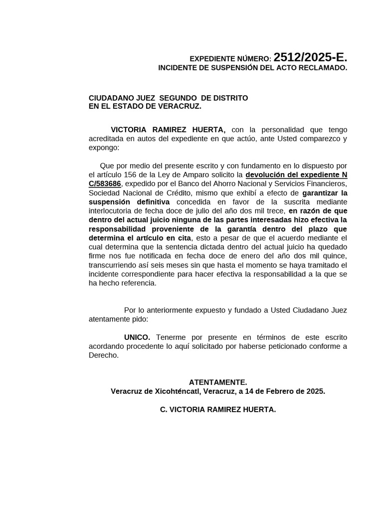 Escrito Solicitando Devolución de Billete de Depósito Amparo Victoria Ramirez Huerta | PDF