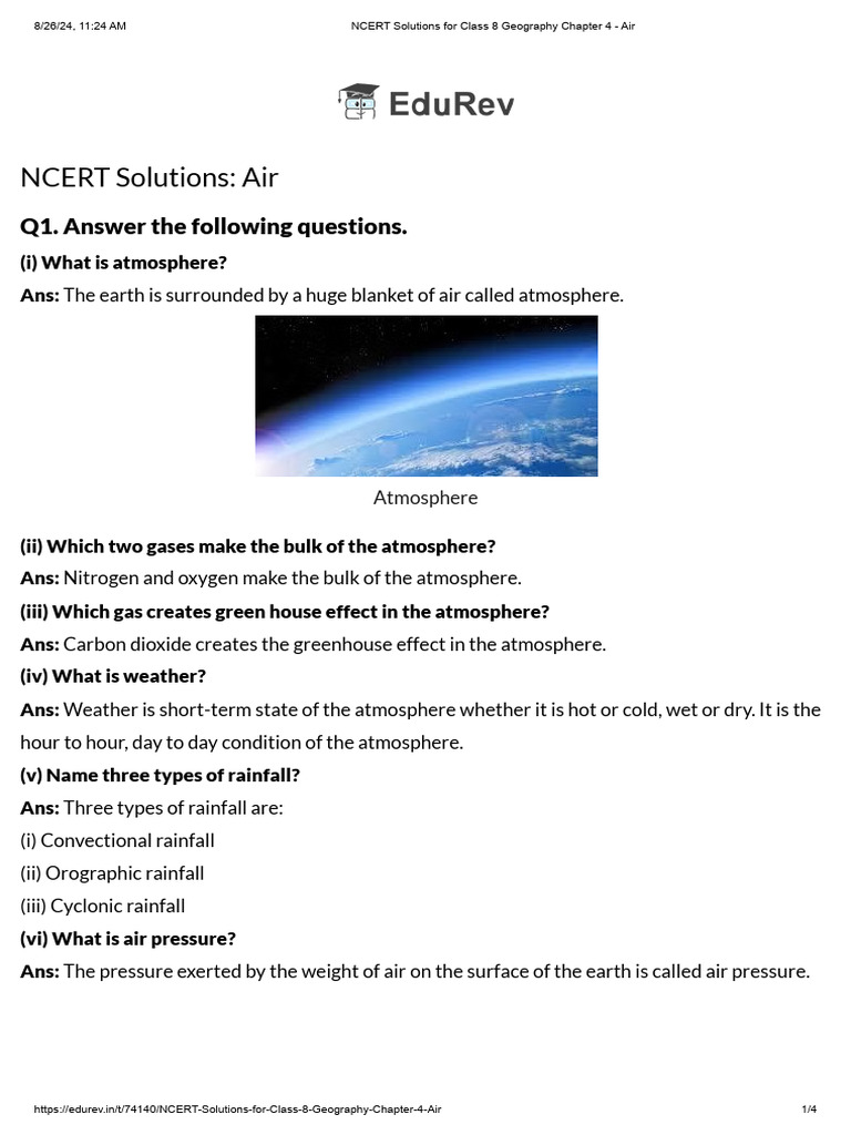 NCERT Solutions For Class 8 Geography Chapter 4 - Air | PDF ...