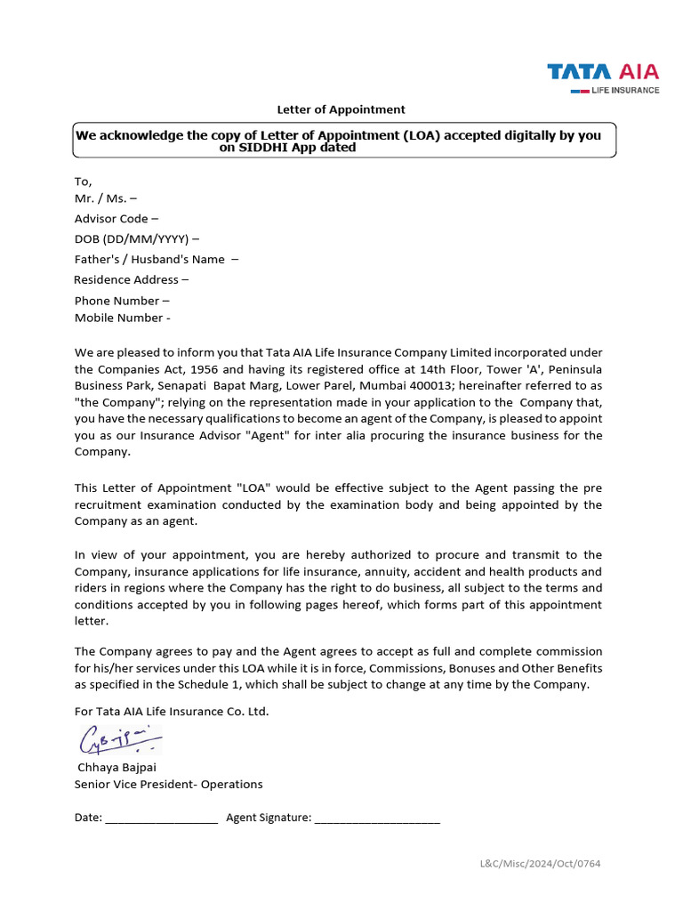 Appointment Letter for Insurance Agent | PDF | Insurance | Bankruptcy
