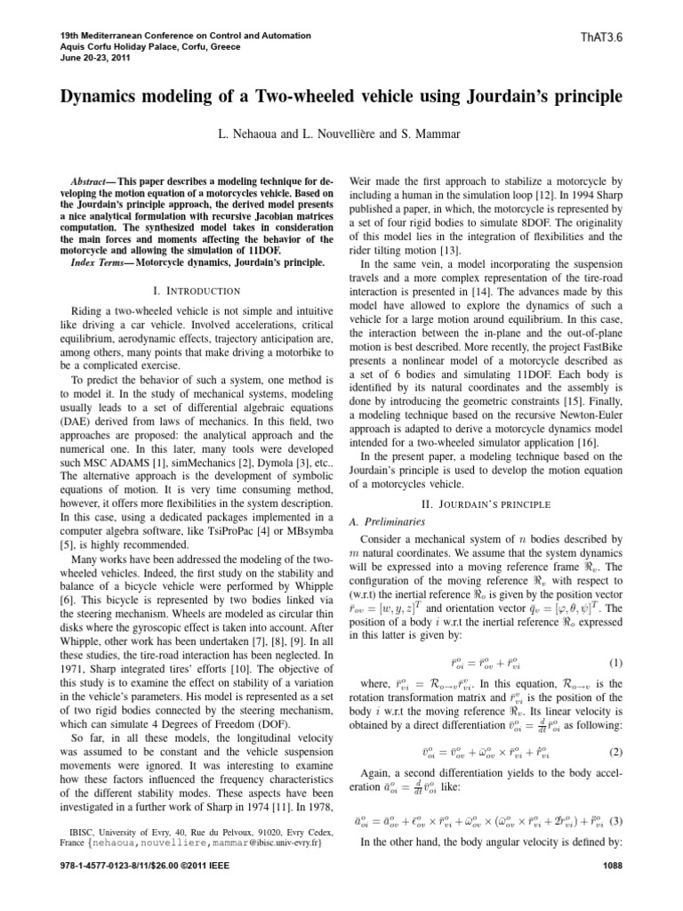 Motorcycle Dynamics via Jourdain's Principle | PDF | Kinematics ...