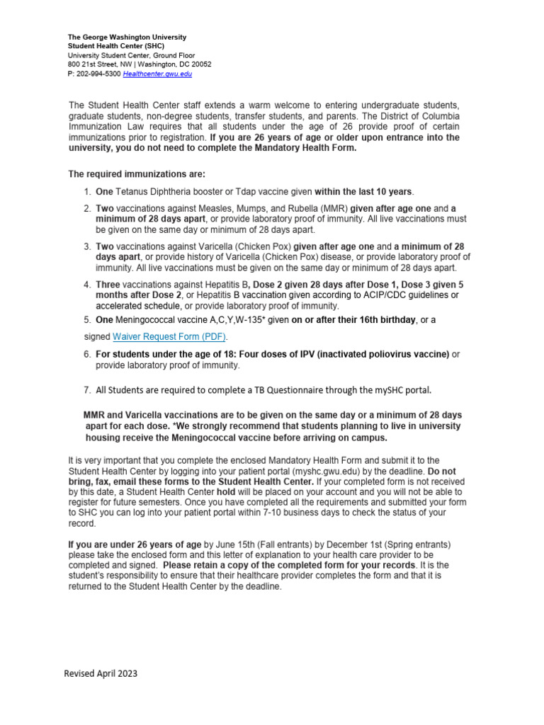 GWU Mandatory Health Form | PDF | Vaccines | Viral Diseases