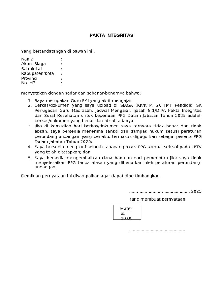 Contoh Fakta Integritas PPG | PDF