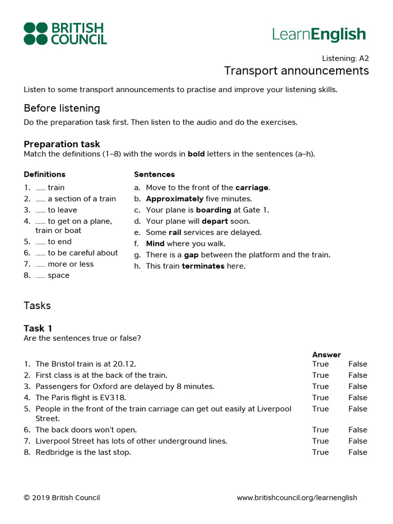 A2 Listening: Transport Announcements | PDF | Rail Transport | Transport