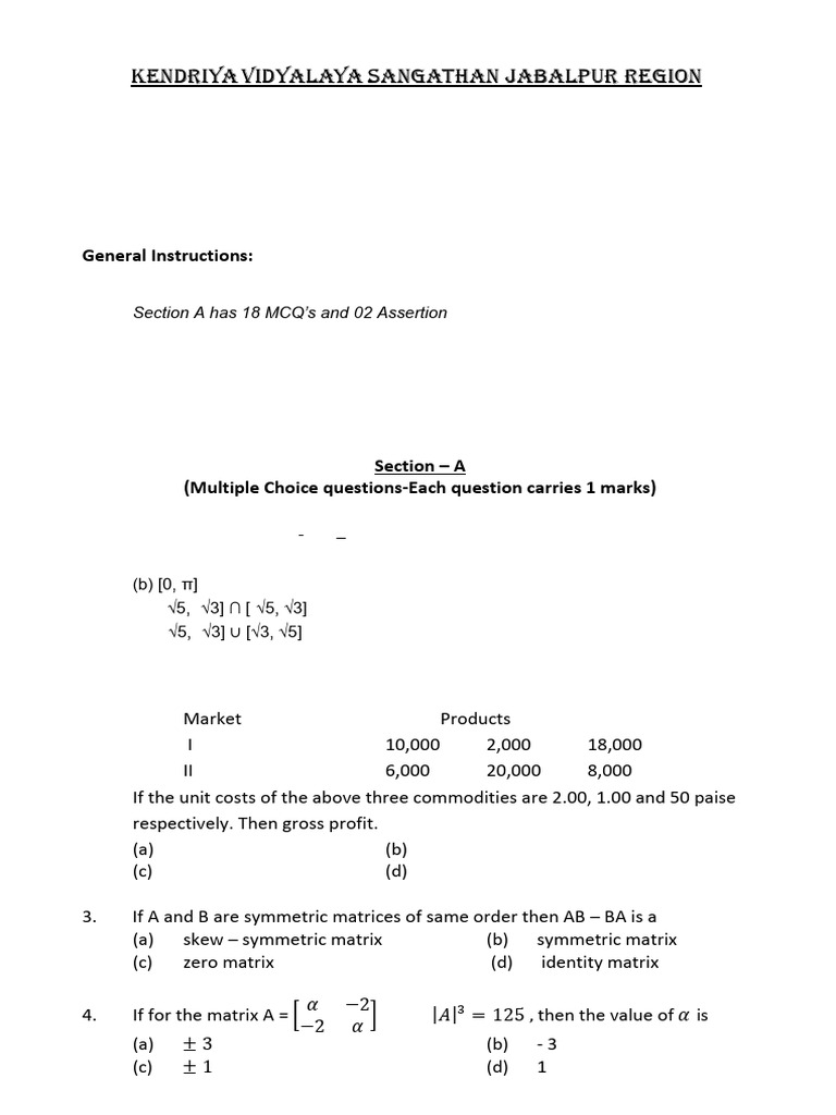 Kvs Maths Pre Board Question Paper 2025 | PDF | Matrix (Mathematics) | Mathematical Analysis