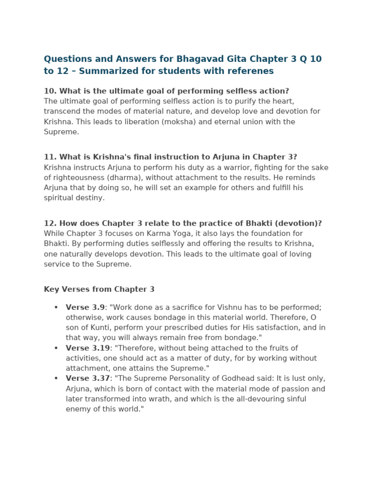 Questions and Answers For Bhagavad Gita Chapter 3 Q - Summar | PDF