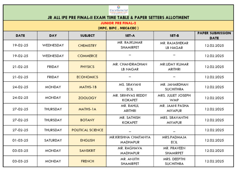 JR All Ipe Pre Final-Ii Exam Time Table & Papr Setting Schedule | PDF