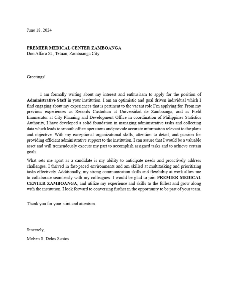 DELOS SANTOS - Application Letter PMC | PDF