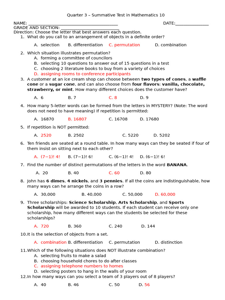 Math 10 Q3 Summative Test Questions | PDF | Summation | Permutation