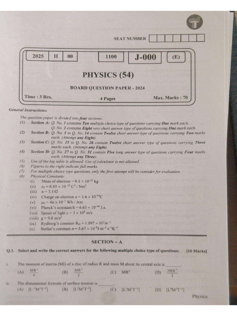 Physics Boards 2024 | PDF
