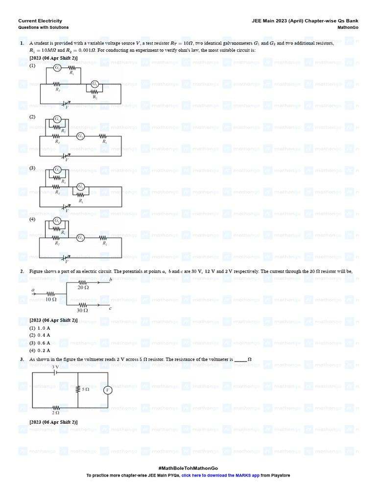 Current Electricity - JEE Main 2023 April Chapterwise PYQ - MathonGo ...