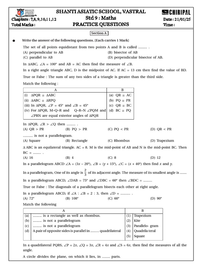9th Worksheet CH 7 To 12 | PDF | Geometry | Euclid