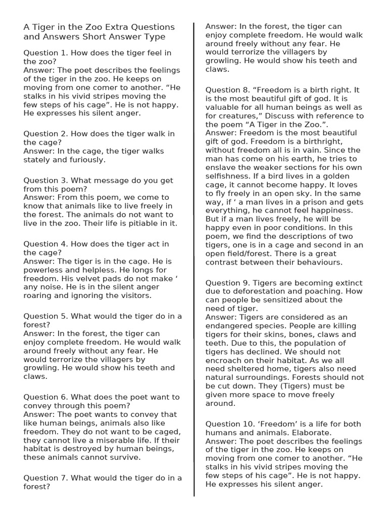 A Tiger in The Zoo Extra Questions and Answers Short Answer Type | PDF ...