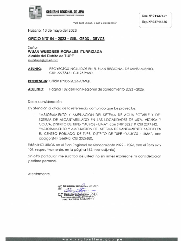 Oficio N°0154-2023 Tupe - Incluir Proyectos en PRS | PDF