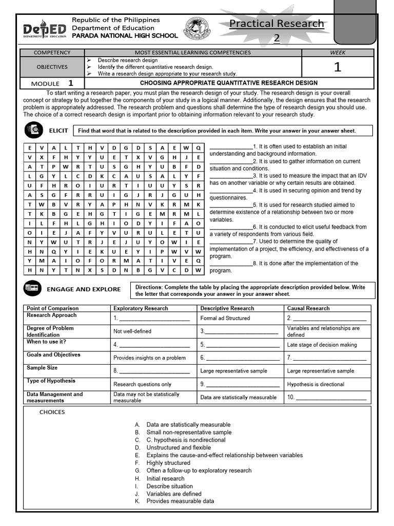 CS - RA12 IIa C 1 G12 WS Q2 W1 PR2 Choosing Appropriate Research Design 1 | PDF | Survey ...
