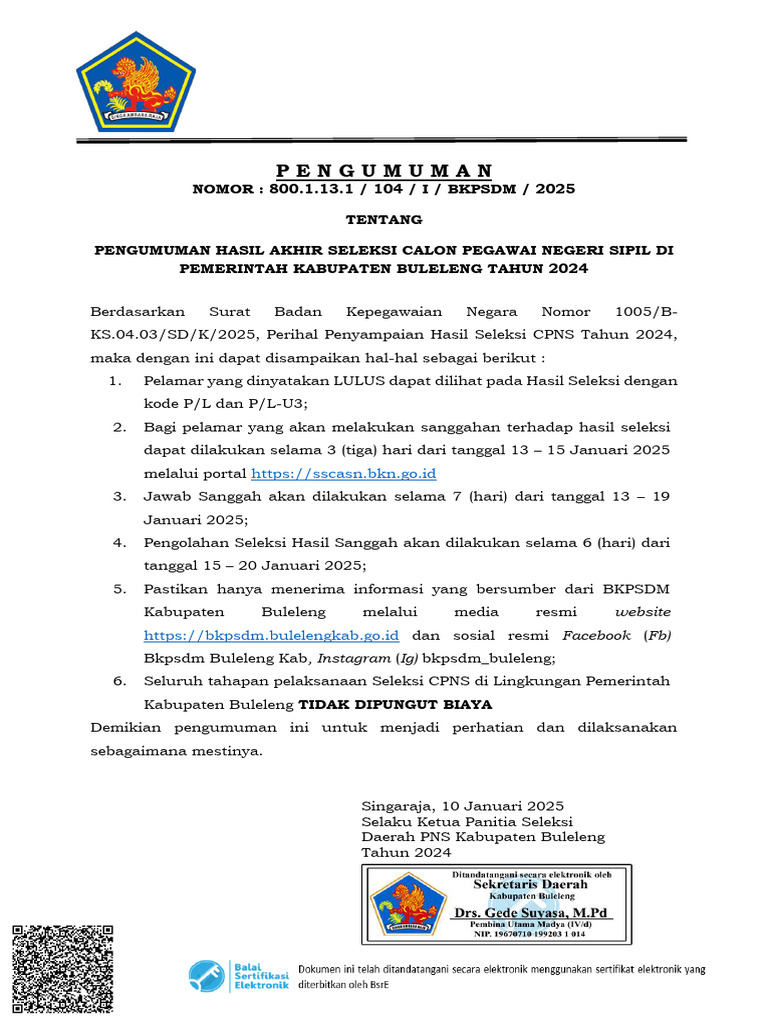 Pengumuman Hasil Akhir Seleksi Calon Pegawai Negeri Sipil Di Pemerintah Kabupaten Buleleng Tahun ...