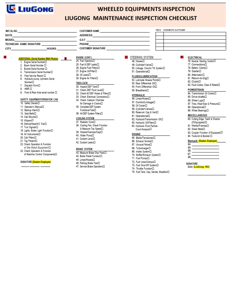 LiuGong Wheel Loader Inspection Checklist | PDF | Brake | Engines