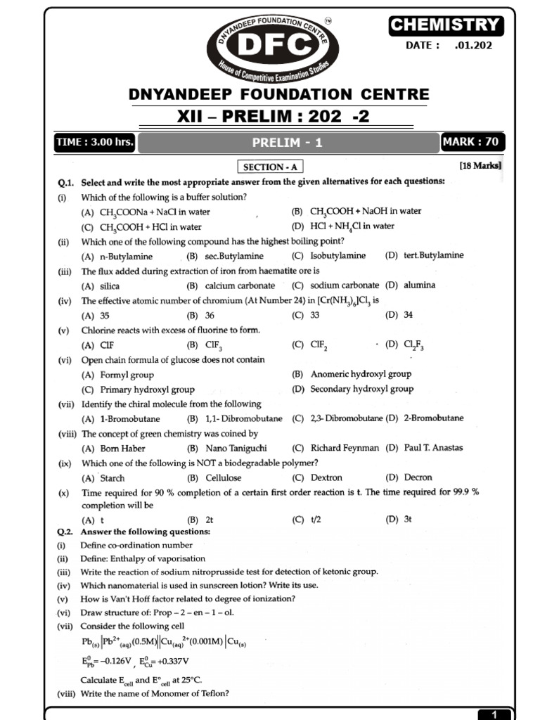 12TH HSC CHEM. BOARD PRELIM 01 29.01.2024 30 COPY | PDF