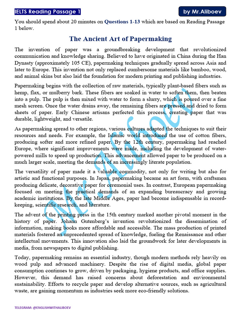 Passage 1 (Ancient Art of Papermaking) | PDF | Papermaking | Paper