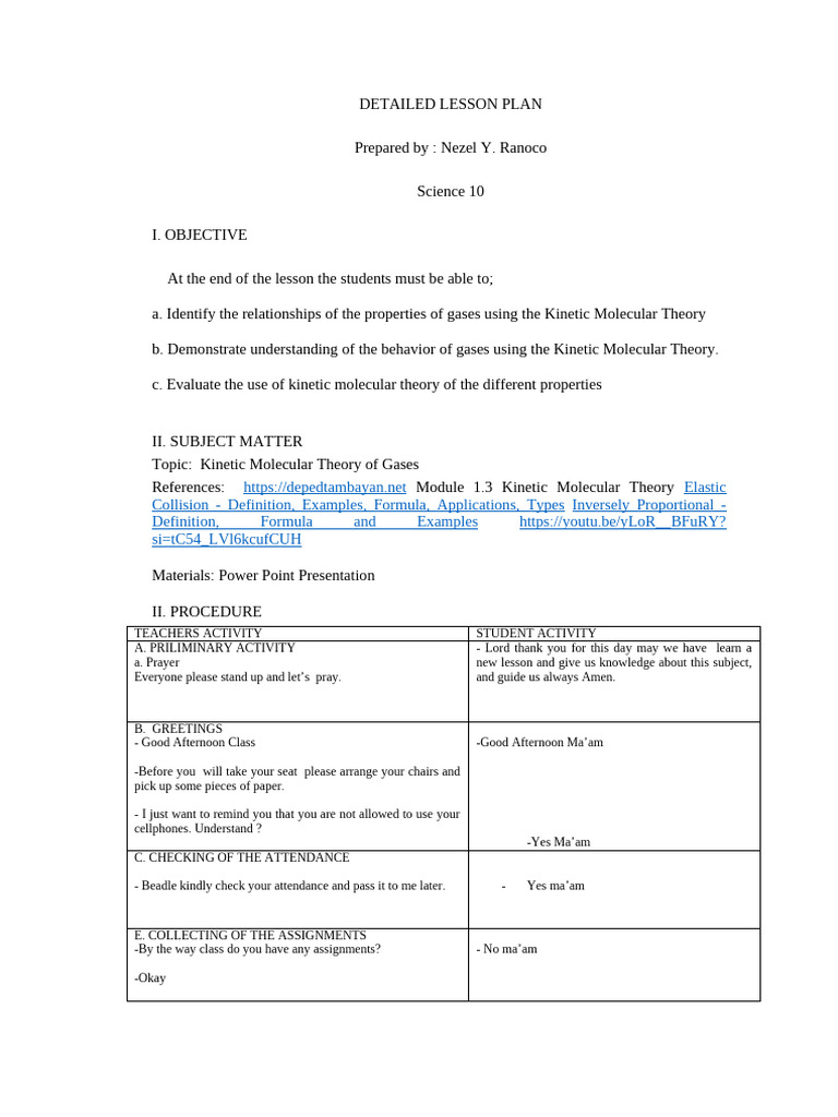 NEZEL Detailed Lesson Plan_073118 | PDF | Gases | Collision