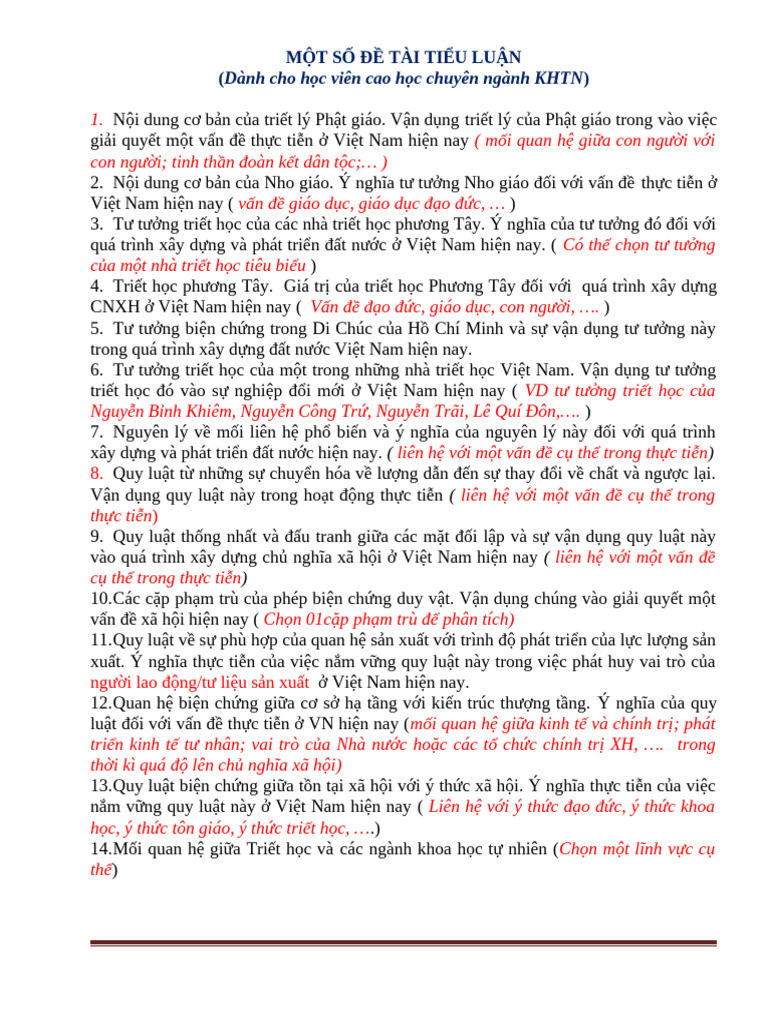 Mot So Gợi Ý de Tai Tieu Luan Mon Triet Hoc SDH | PDF