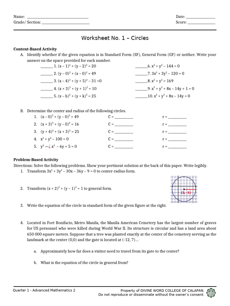 ADV MATH 2 - Worksheet 1 - Circles | PDF | Equations | Mathematical Objects