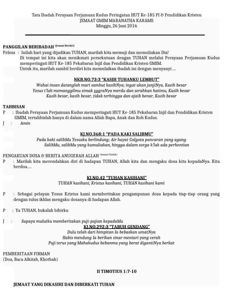 Perayaan Perjamuan Kudus HUT Ke-185 GMIM | PDF