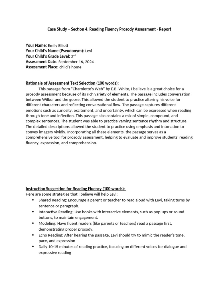 Case Study - Section 3. Reading Fluency - Report | PDF | Reading Comprehension | Behavior ...