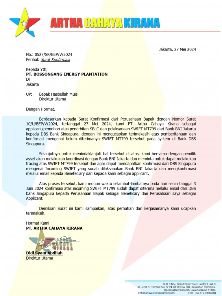 Surat Konfirmasi Incoming Swift Mt799 0524 | PDF