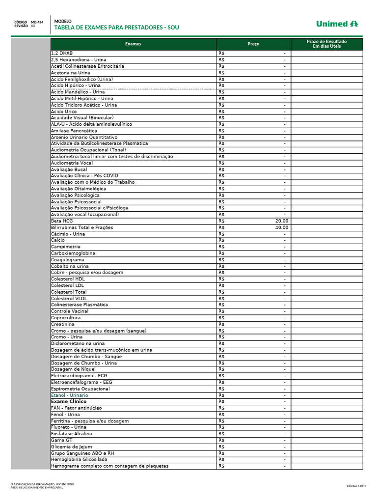 Tabela de Exames para Prestadores SOU | PDF | Colesterol ...