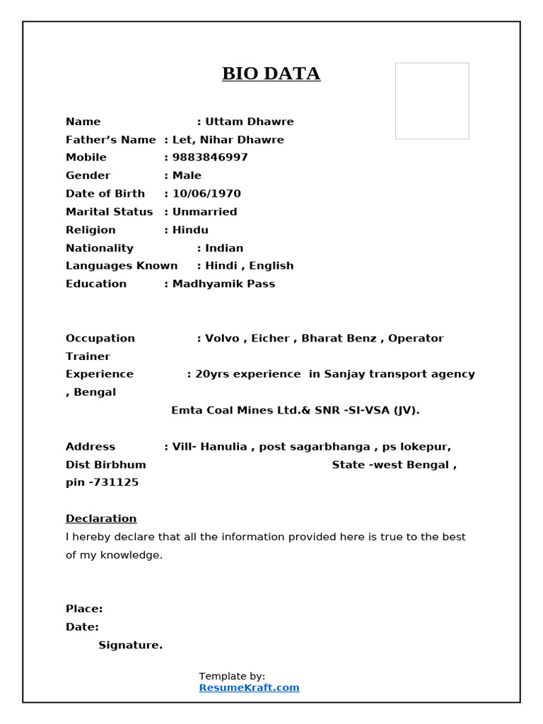 Bio Data Format 91234 | PDF