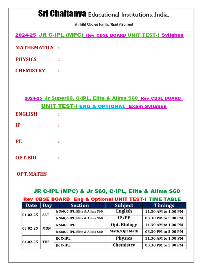 2024-25 - JR C-Ipl (MPC) & JR s60, C-Ipl, Elite & Aiims s60 - Rev - Cbse Board - Eng & Optional ...