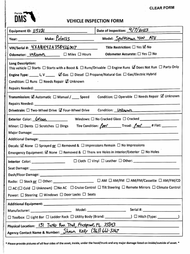 Polaris Sportsman 400 ATV - Vehicle Inspection Form | PDF