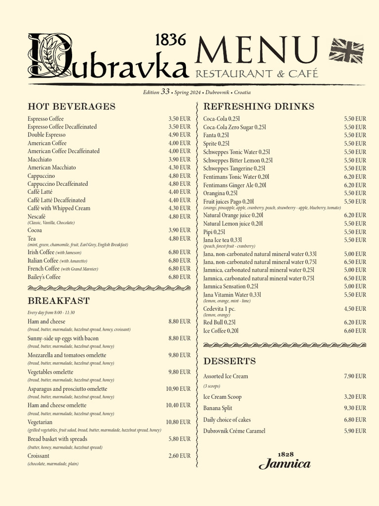 Dubrovnik Restaurant Menu Spring 2024 | PDF